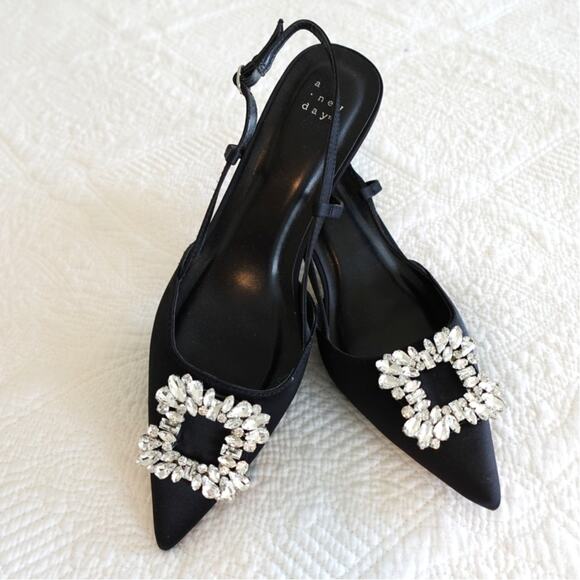a new day | Shoes | Annette Satin Black Slingback Heels Dress Shoes ...